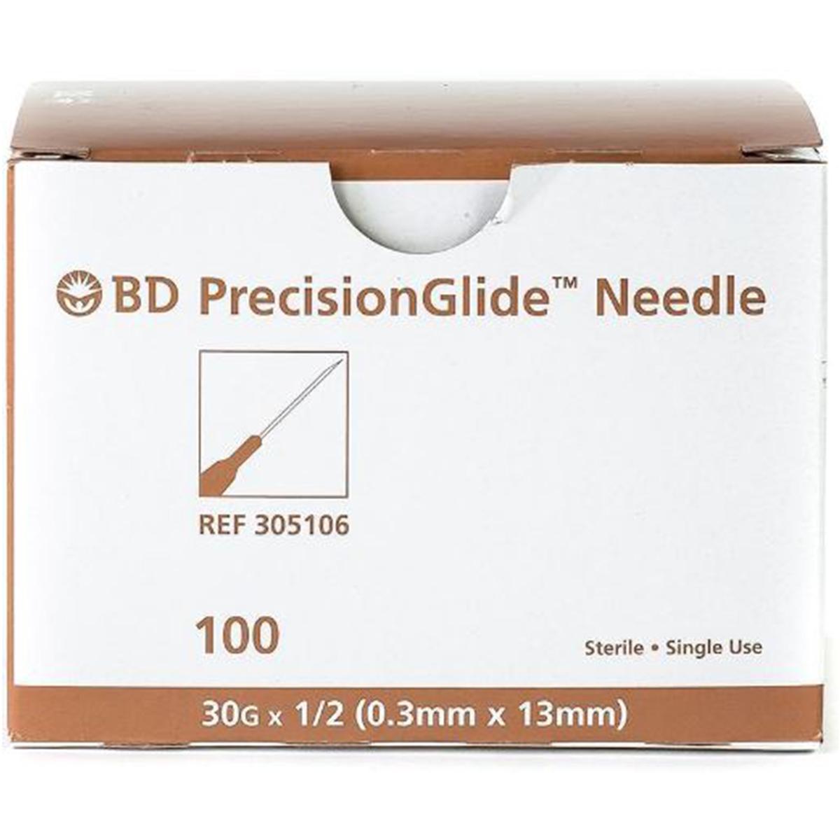 BD Precisionglide Needles 30G x 1/2". 100/Box