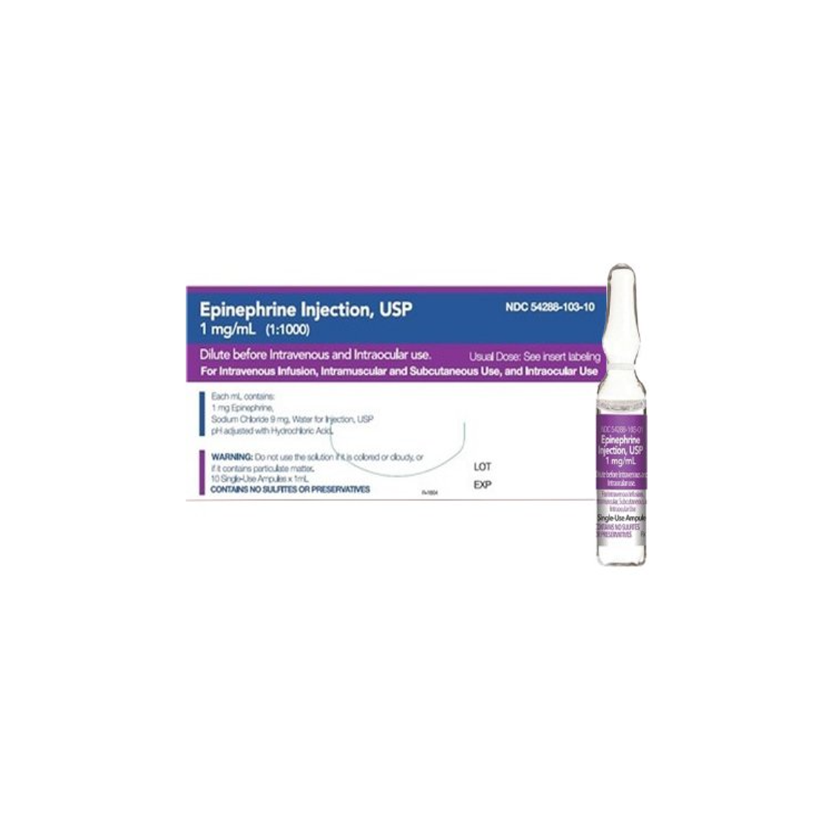 Epinephrine, Preservative Free 1 mg / mL (1:1000) Injection Ampule 1 mL ...