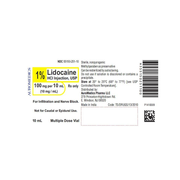 Lidocaine HCl 1.0% 10mL Multi-Dose Vial 25/Pack (Auromedics)